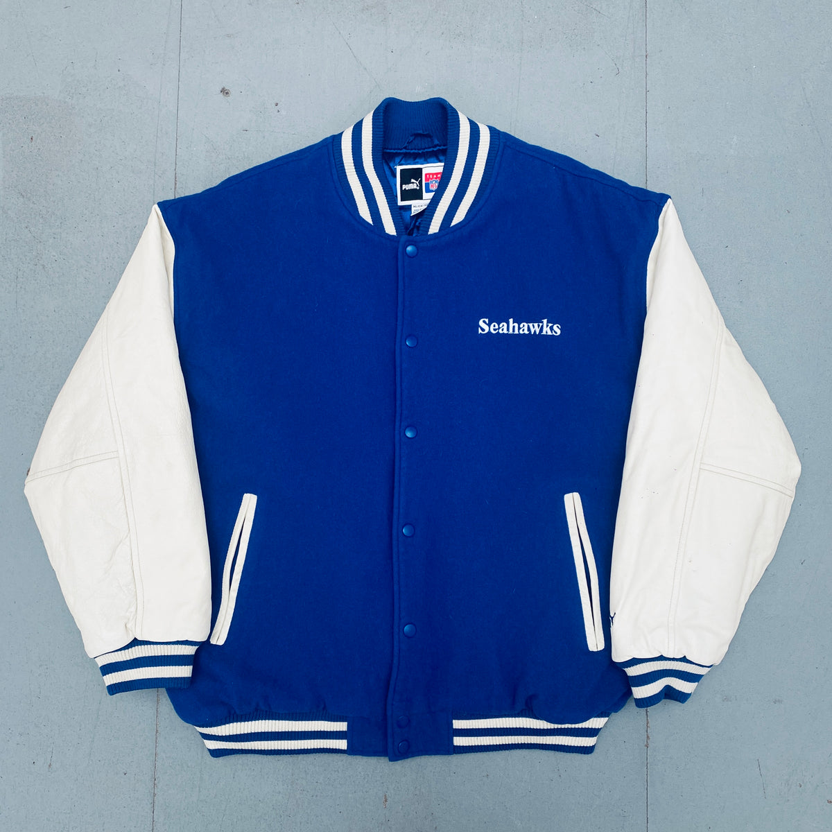Seattle Seahawks: 1990's Puma Leather Sleeve Woollen Varsity Jacket (X ...
